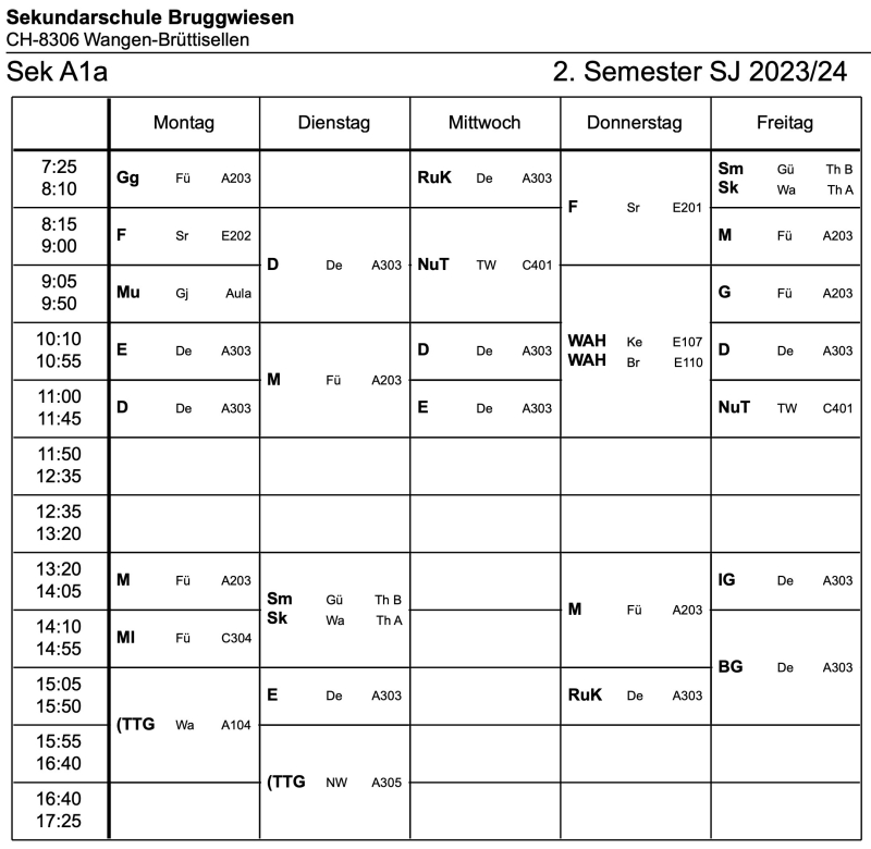 Schule Wangen-Brüttisellen - Klassen und Stundenpläne